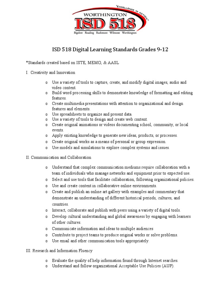ISD 518 Digital Learning Standards Grades 9-12 | PDF | Collaboration ...