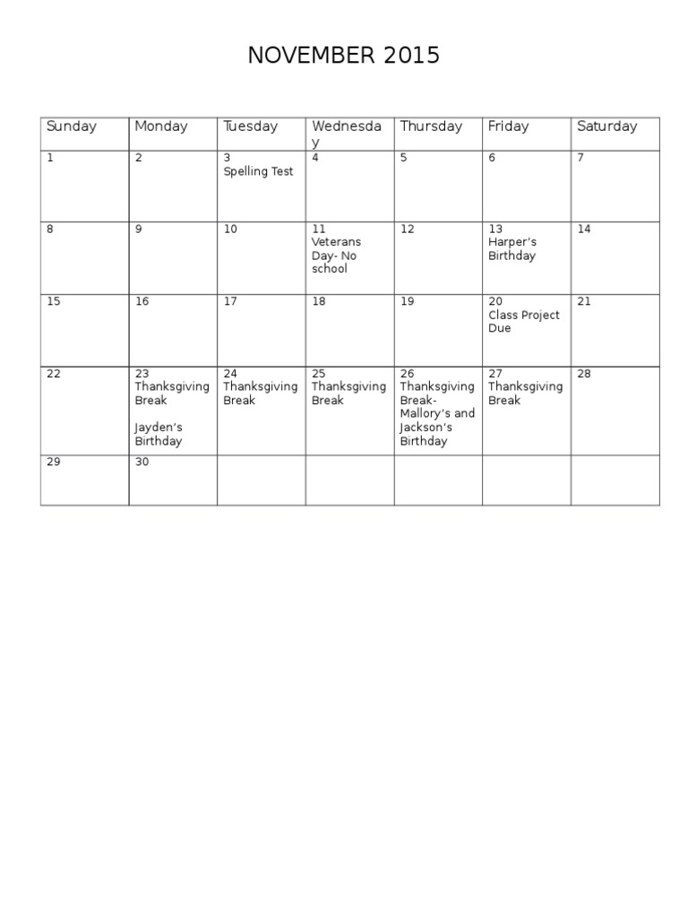 November 2015 School Events Calendar | PDF