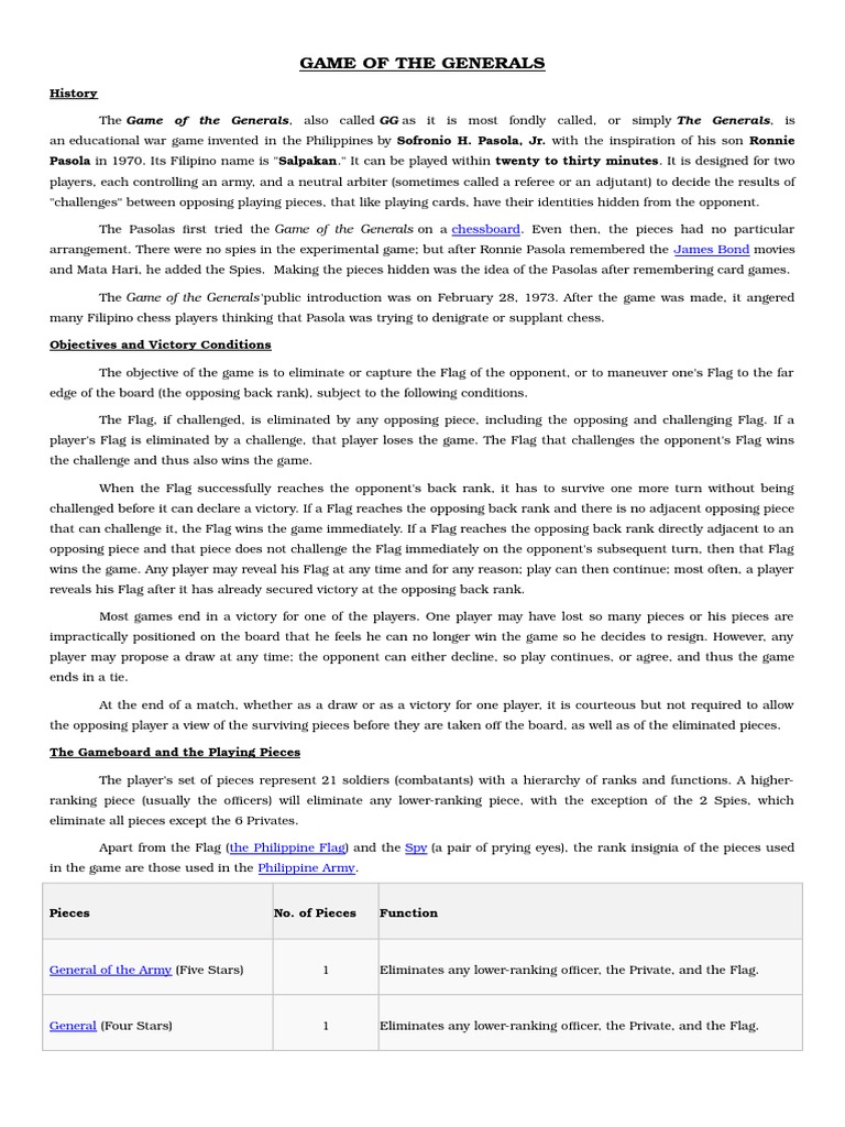 Game of the Generals | Military Rank | Military Science