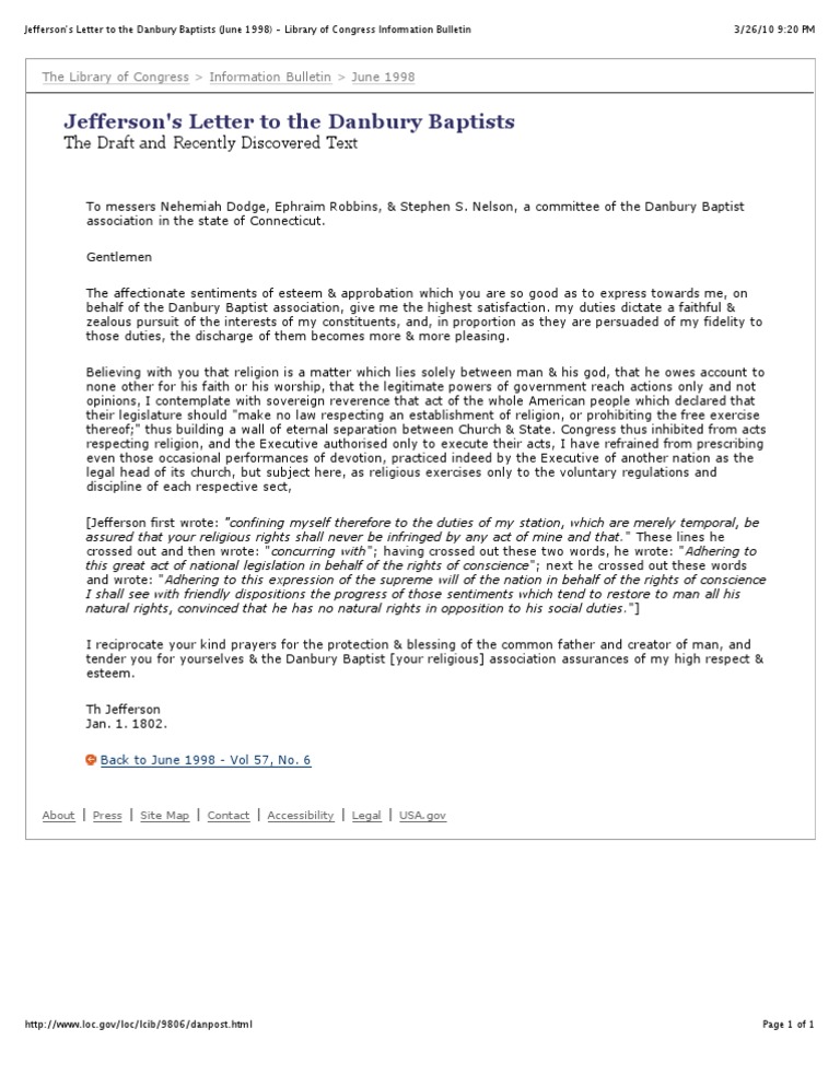 Jefferson's 1802 Letter to Danbury Baptists | PDF | Thomas Jefferson ...