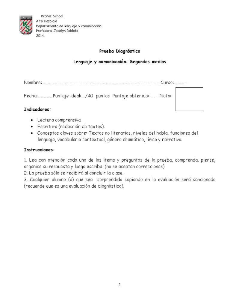 Prueba Diagnóstico Lenguaje 2014 | PDF | Comprensión lectora | Semiótica