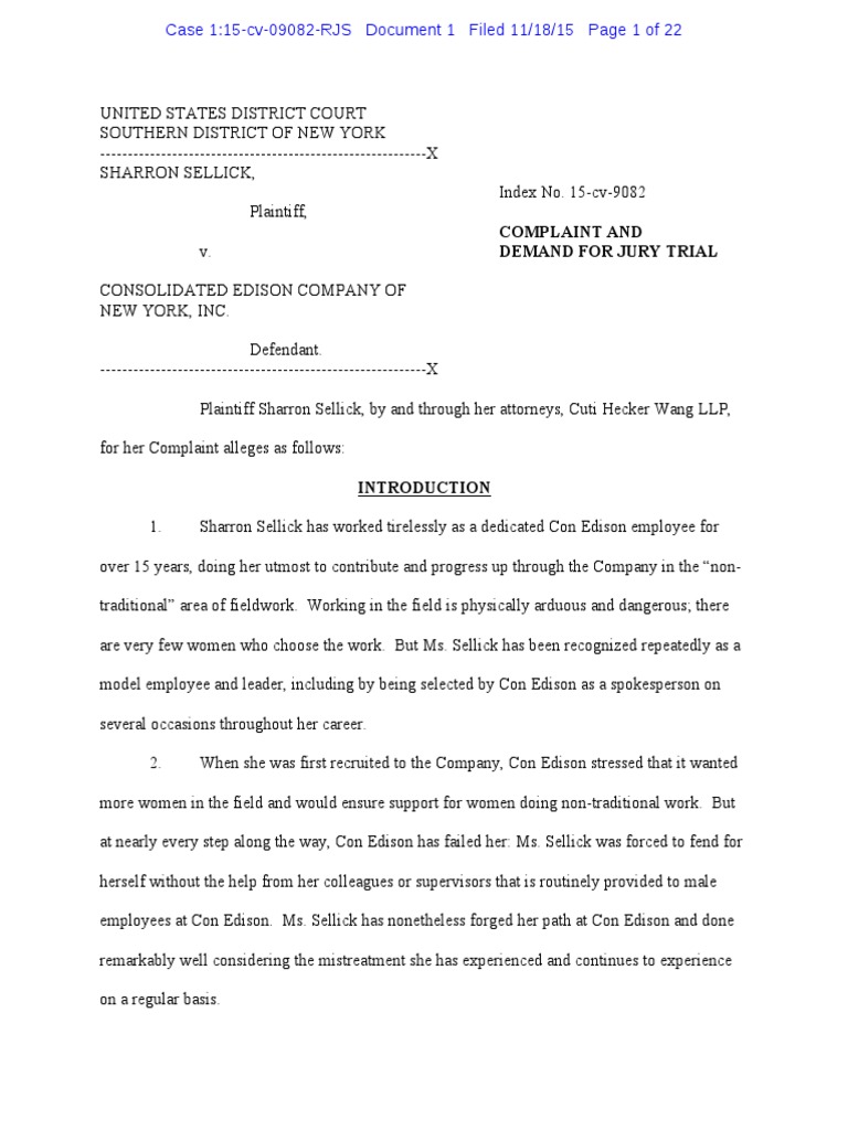 Complaint - Sellick v. Con Edison | PDF | Equal Employment Opportunity ...