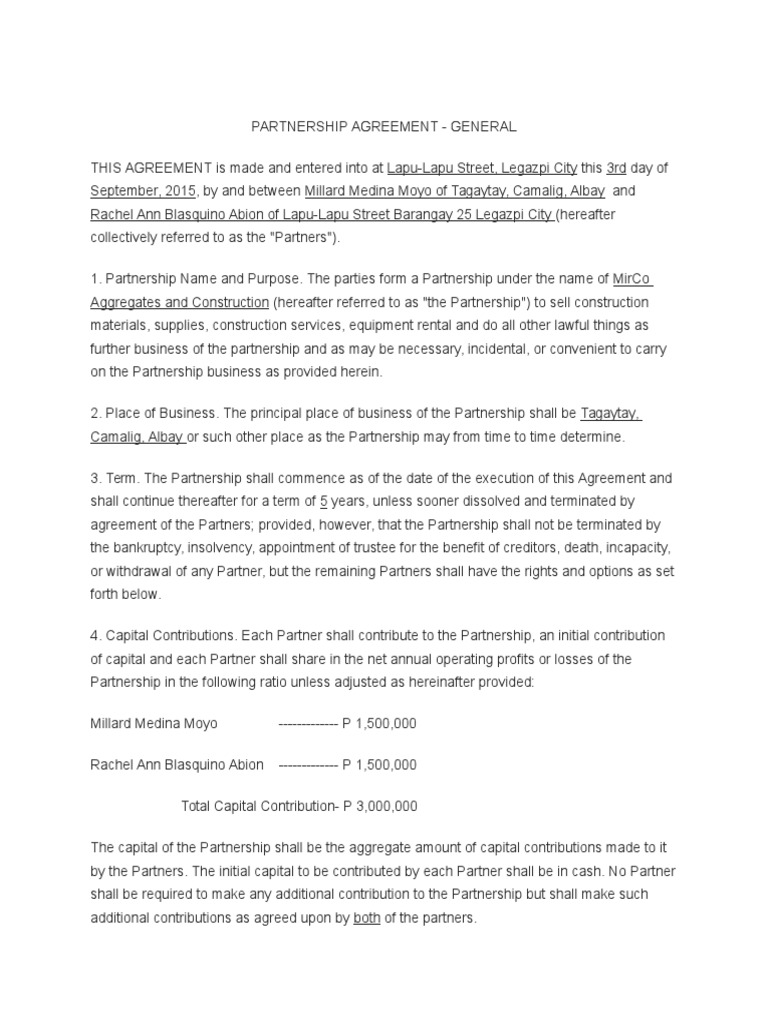 Sample General Partnership Agreement | PDF | Partnership | Bail