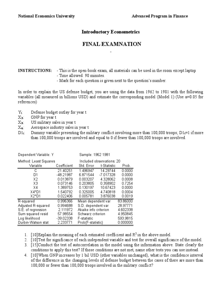 Econometrics Final Exam 2010 | PDF | Coefficient Of Determination ...