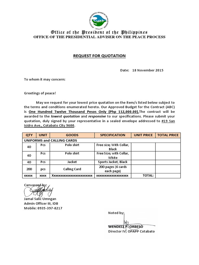 Request For Quotation: Uniforms and Calling Cards | PDF