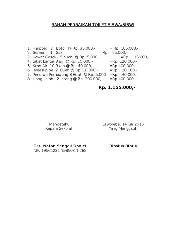 Bahan Perbaikan Toilet Siswa | PDF
