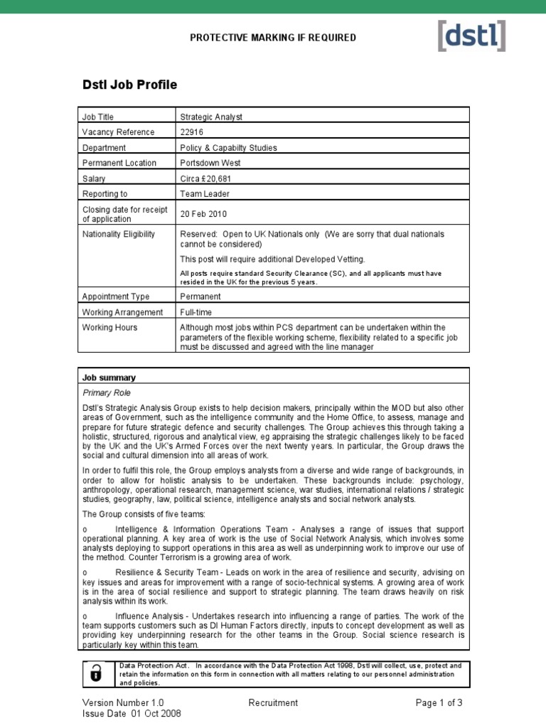 DSTL Job Profile 22916 | PDF | Competence (Human Resources) | Analysis