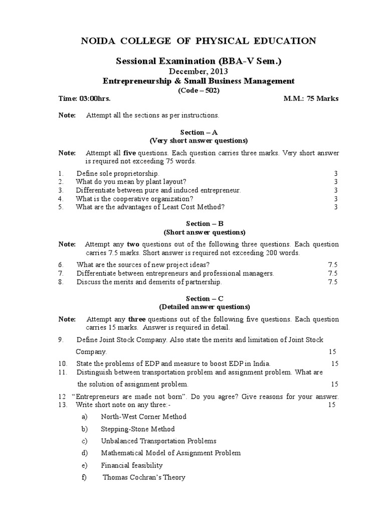 BBA Entrepreneurship Exam Questions | PDF | Entrepreneurship | Cognition