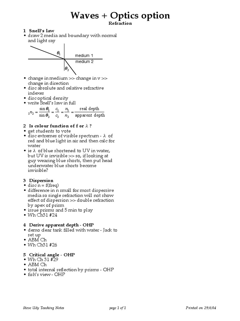 Waves + Optics Option: Refraction 1 Snell's Law | PDF | Refraction ...