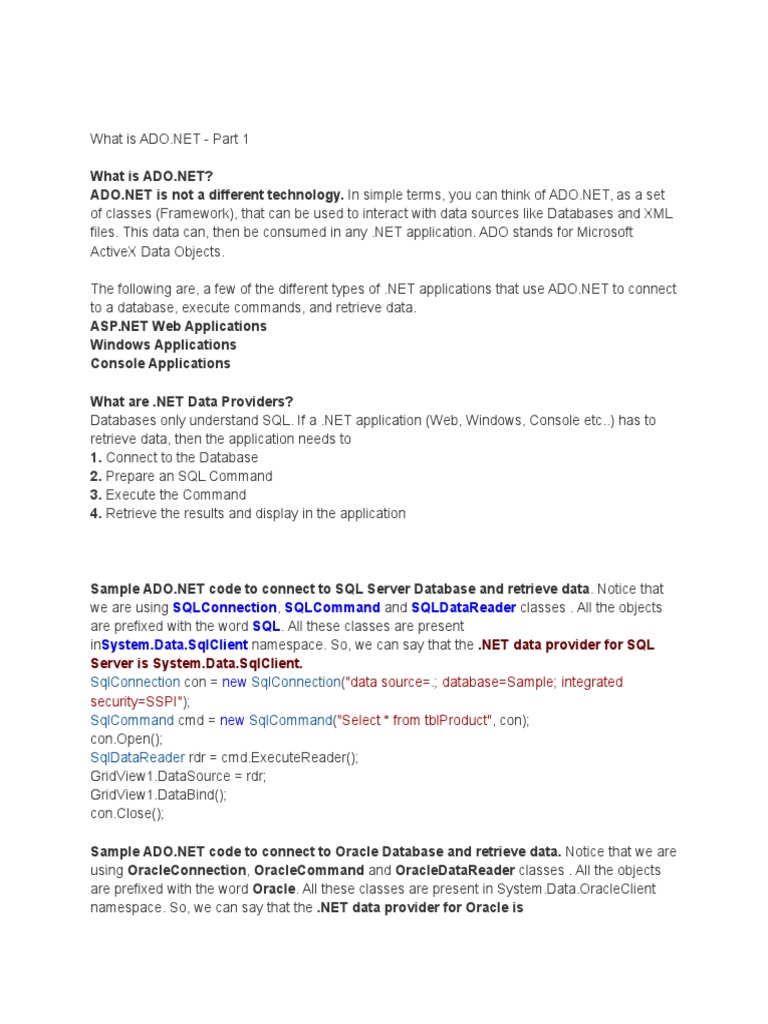 Ado.net | PDF | Microsoft Sql Server | Parameter (Computer Programming)