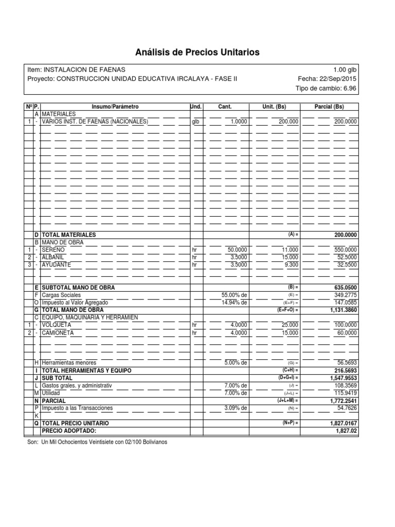 Formulario B-2 Precios Unitarios Mod PDF | PDF | Cemento | Valor añadido