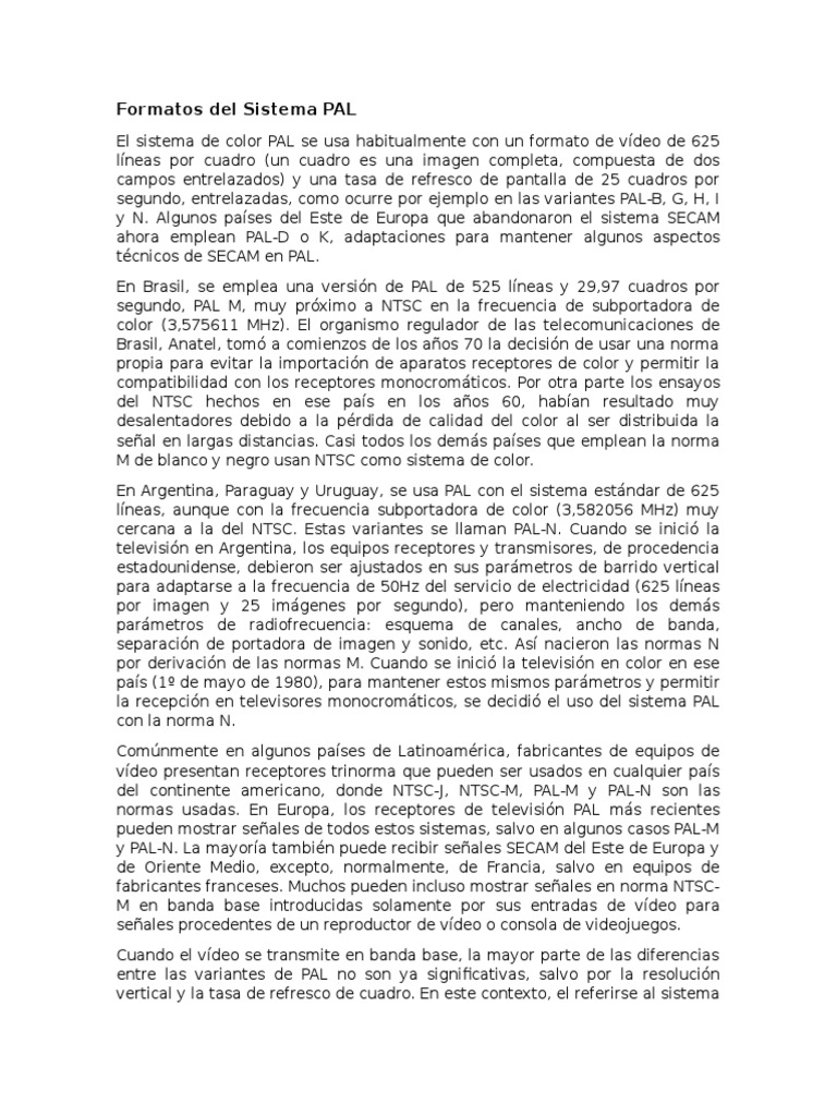Formatos Del Sistema PAL | PDF | Televisión | Vídeo