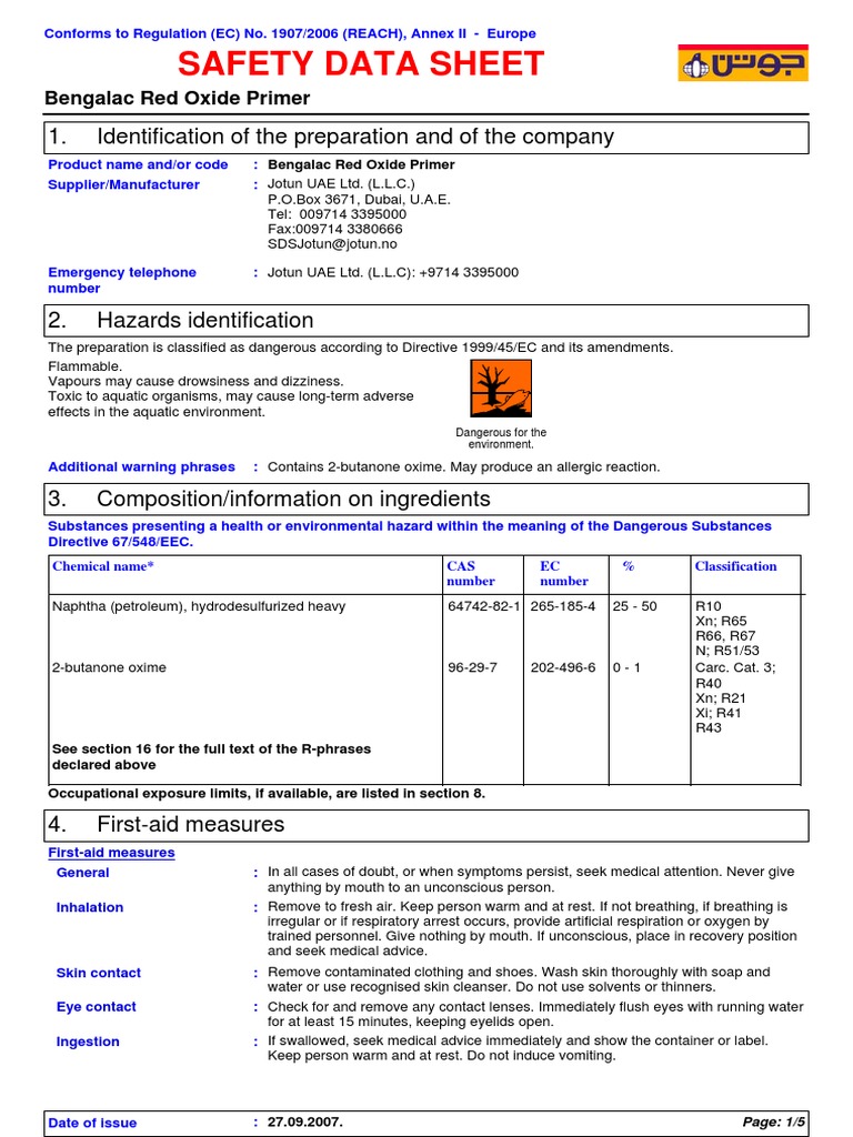 SDS - Bengalac Red Oxide Primer - English (Uk) - Dubai | PDF | Personal ...