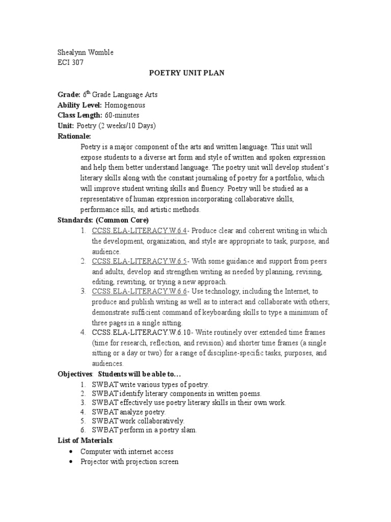 Poetry Unit Plan Grade: 6 Ability Level: Homogenous Class Length: 60 ...