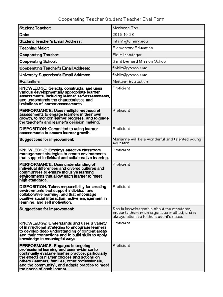 Cooperating Teacher Student Teacher Eval Form | PDF | Educational Assessment | Learning