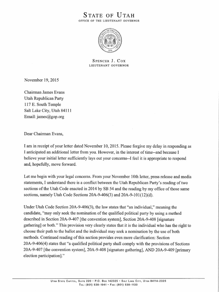 Utah Lieutenant Governor Spencer Cox Letter 11.19.2015 | PDF