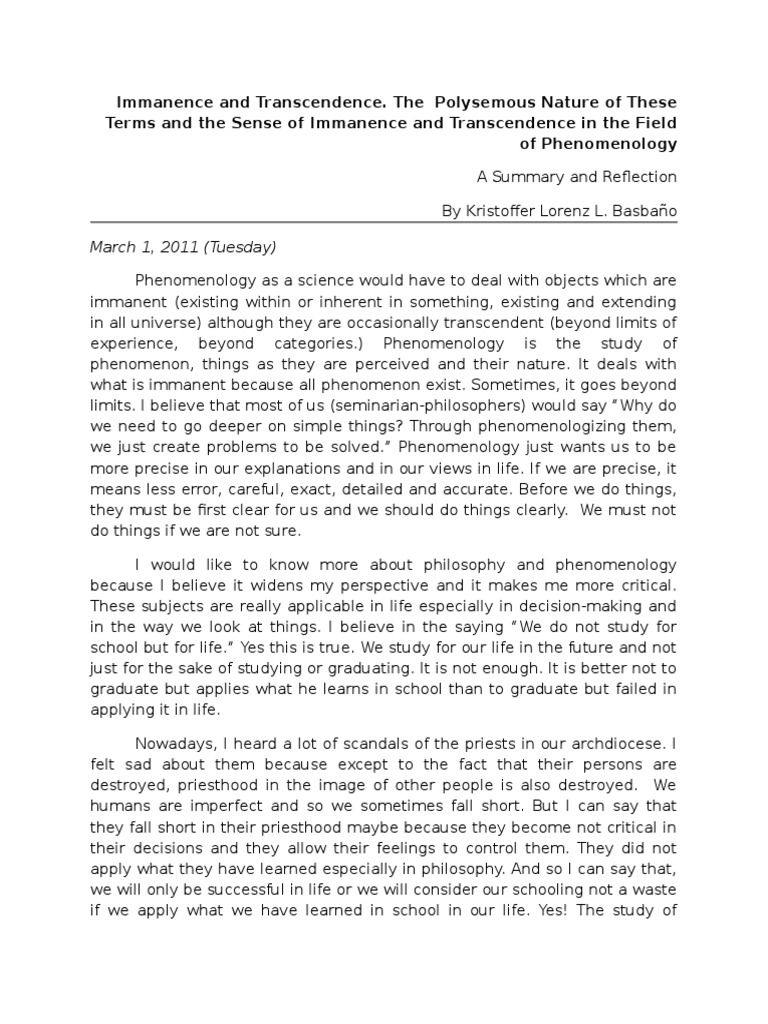 Immanence and Transcendence | PDF | Phenomenology (Philosophy ...