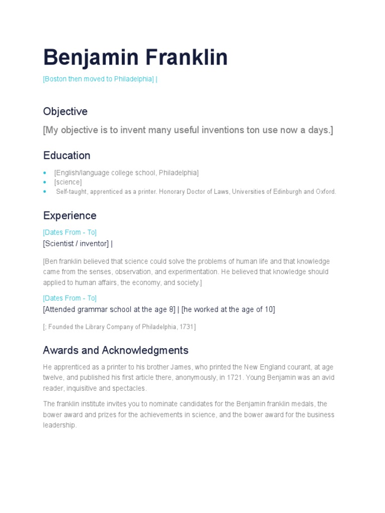 Benjamin Franklin Resume | PDF | History