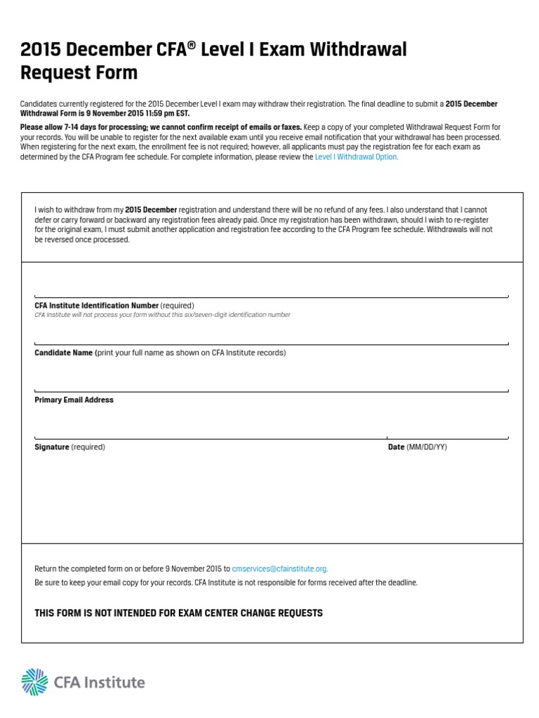 2015 CFA Level I Exam Withdrawal Form | PDF | Career & Growth | Finance ...