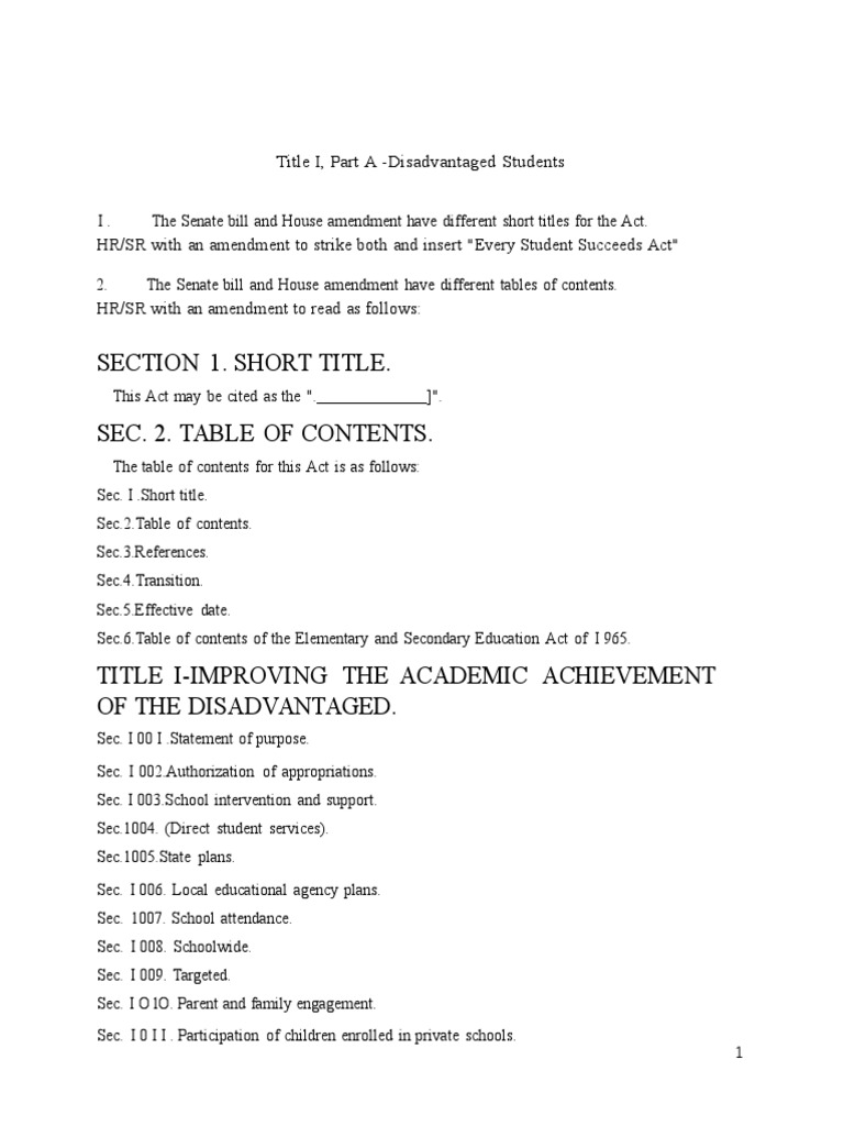 Section 1. Short Title. Sec. 2. Table of Contents.: Title I, Part A ...