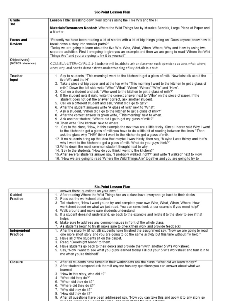 Six Point Lesson Plan - 5 Ws 1 | PDF | Lesson Plan | Pedagogy