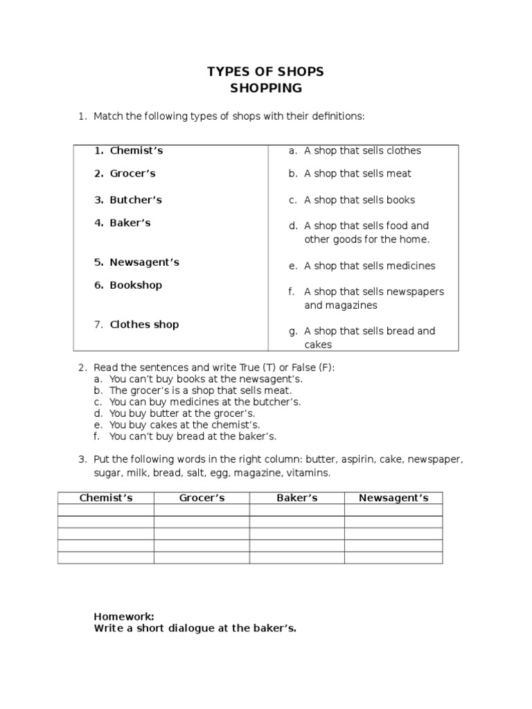 Types of Shops Worksheet | PDF