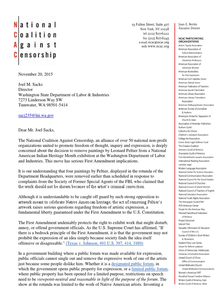 NCAC Letter To Washington State Department | PDF | First Amendment To ...