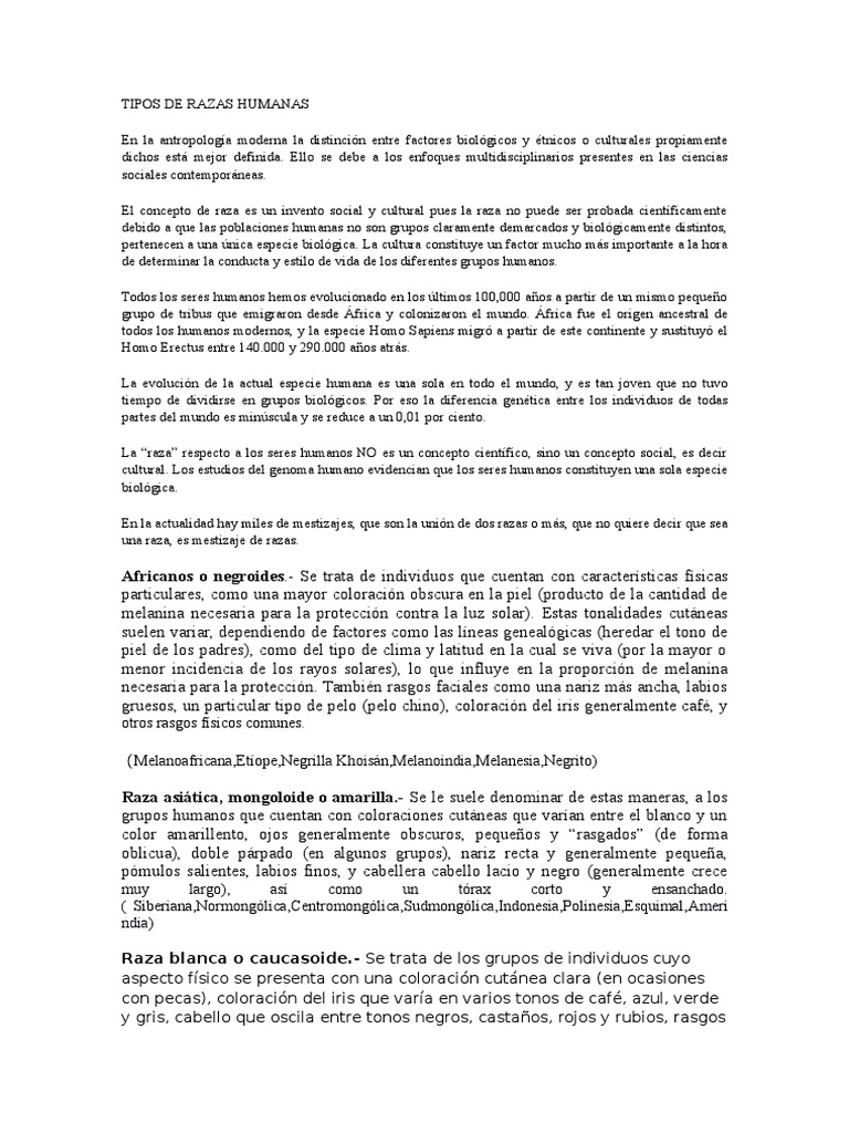 Tipos de Razas Humanas | PDF | Raza (categorización humana) | Homo Sapiens