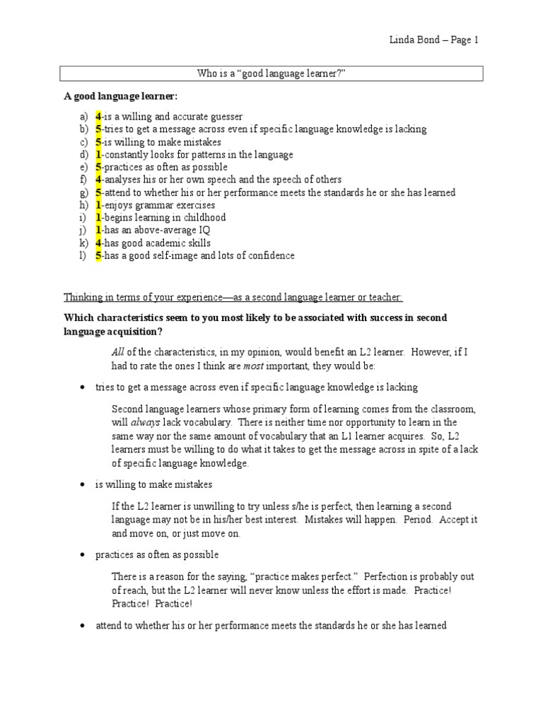 Characteristics of Good Language Learners | PDF | Second Language ...