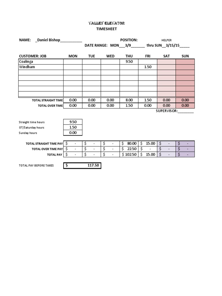 Timesheet: Position: NAME: - Daniel Bishop - DATE RANGE: MON - 3/9 ...