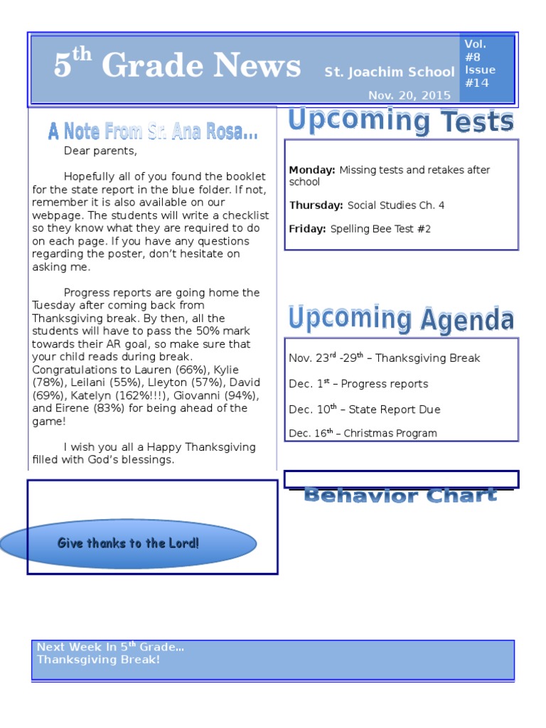 5th Grade News: Thanksgiving Update | PDF