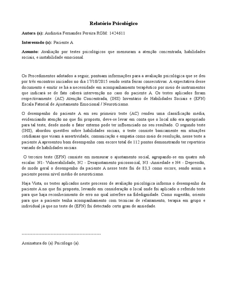 Relatório Psicológico | PDF | Autoajuda