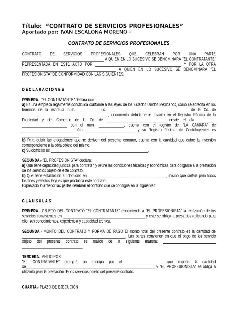 Formato de Contrato de Servicios Profesionales | Pagos | Propiedad