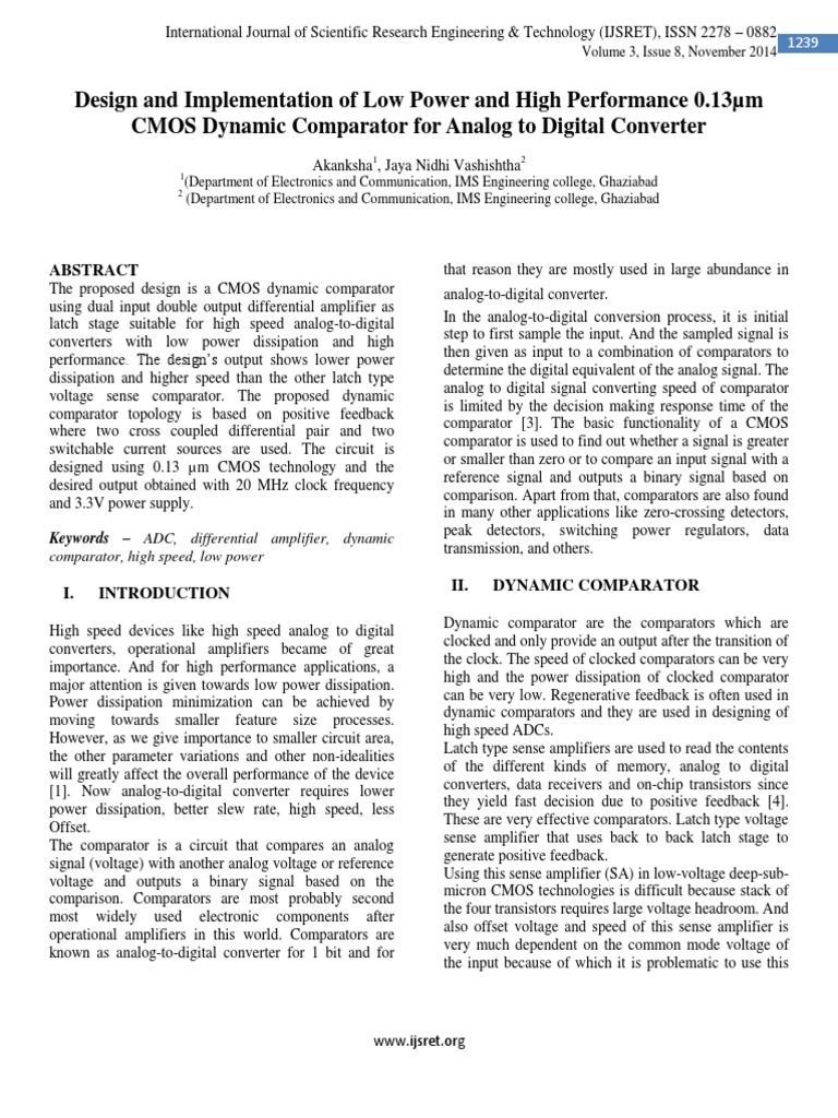 Design and Implementation of Low Power and High Performance 0.13 M CMOS Dynamic Comparator For ...