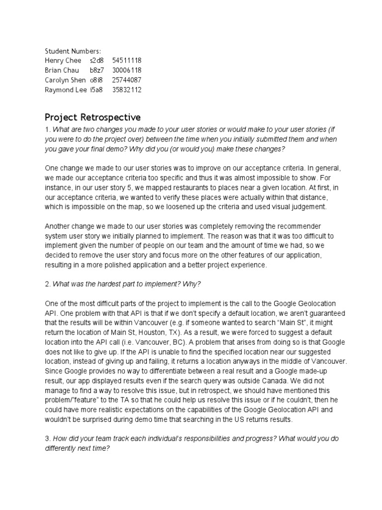 Project Retrospective | PDF | Google | Application Programming Interface