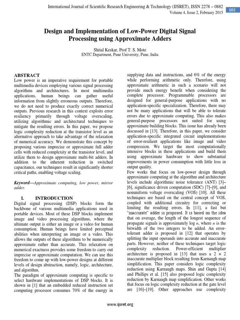 Design and Implementation of Low-Power Digital Signal Processing Using Approximate Adders | PDF ...