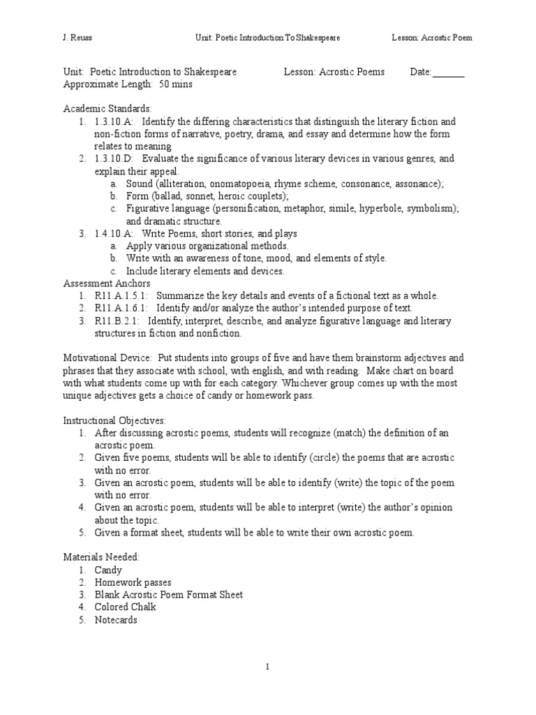 Lesson 1 Poetry Unit | PDF | Poetry | Cognition