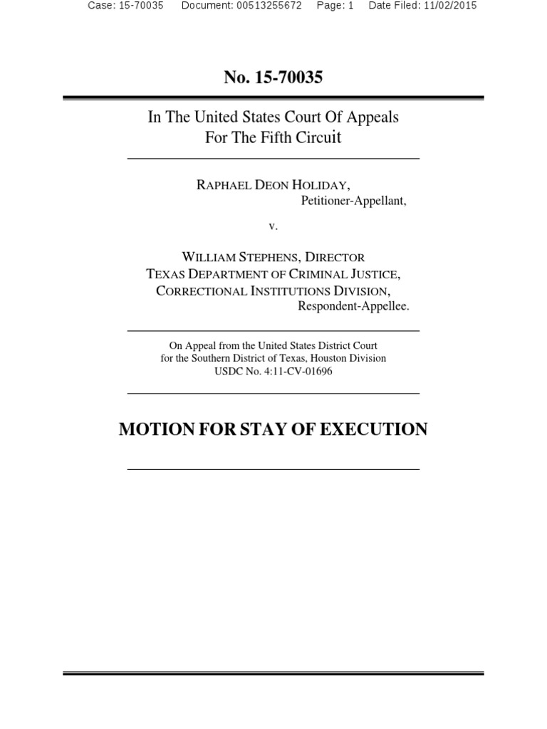 Holiday's Motion For Stay of Execution | PDF | Pardon | Pro Se Legal ...