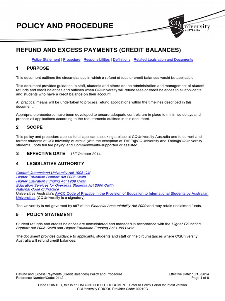 CQUniversity Refund Policy Overview | PDF | Payments | Fee