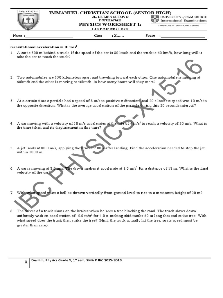 Ch.3 Linear Motion (WS1) | PDF | Speed | Acceleration
