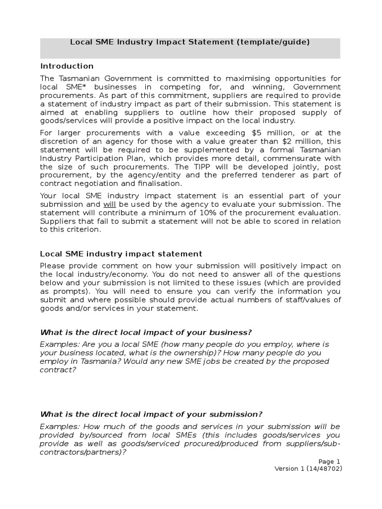 Local SME Industry Impact Statement Guide | PDF | Procurement | Small ...