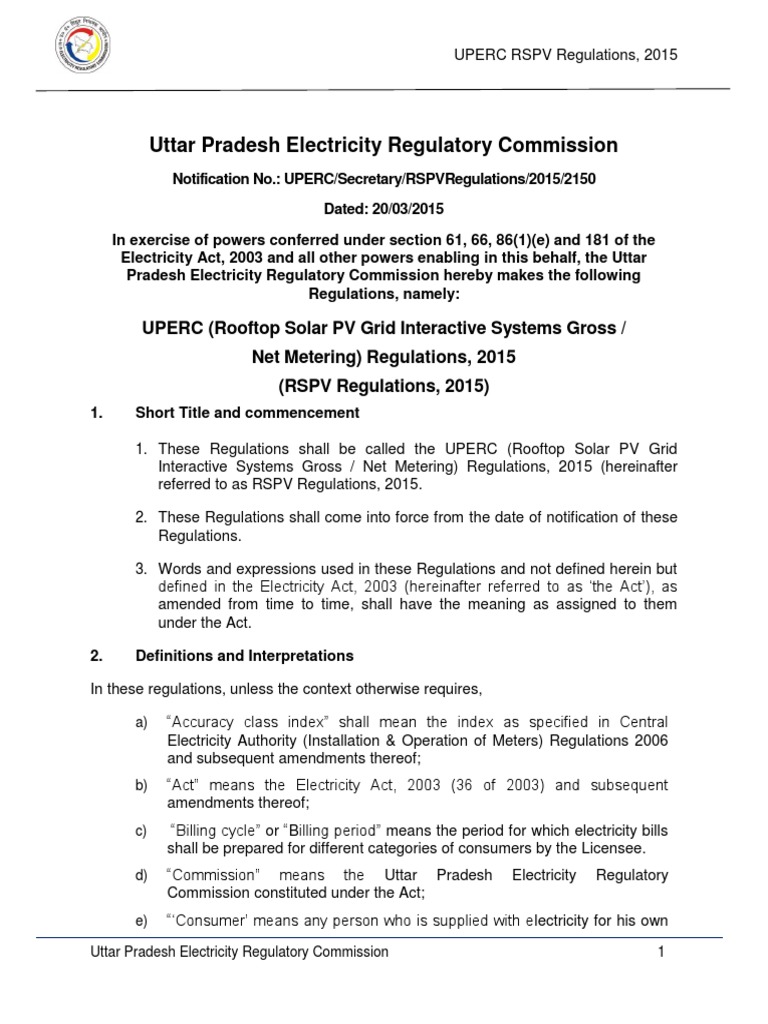 UPERC Rooftop Solar PV Regulations 2015 | PDF | Photovoltaic System ...