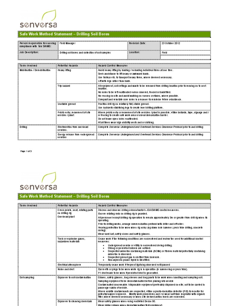 SWMS for Soil Bore Drilling Safety | PDF | Drilling Rig | Drilling