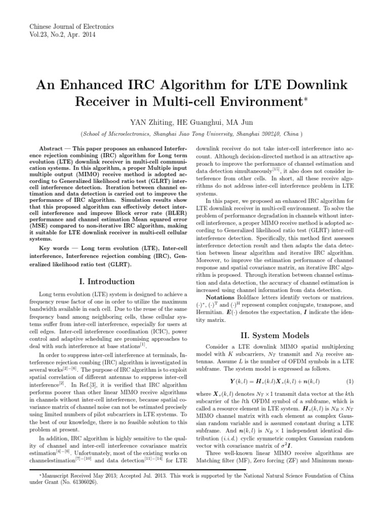 An Enhanced IRC Algorithm For LTE Downlink Receiver in Multi-Cell Environment | PDF | Mimo ...
