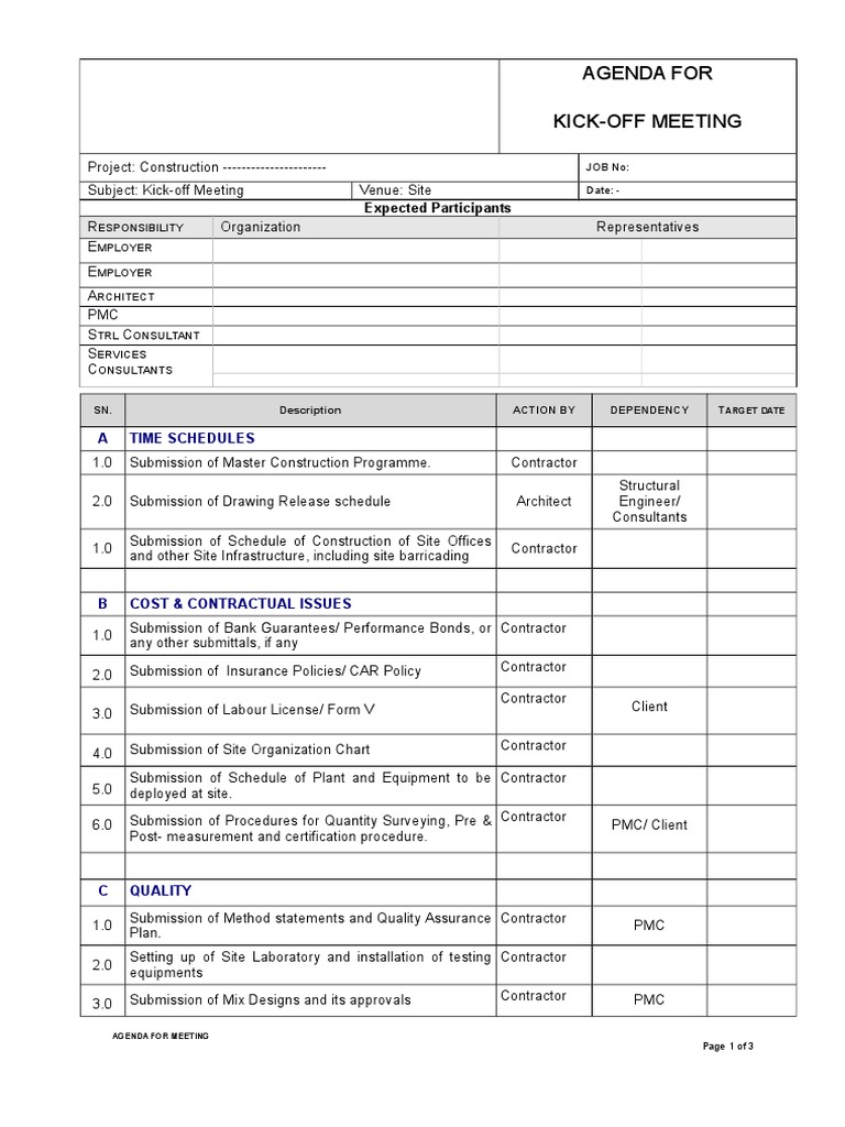 Sample Agenda - Kick-Off Meeting | PDF | General Contractor | Architect