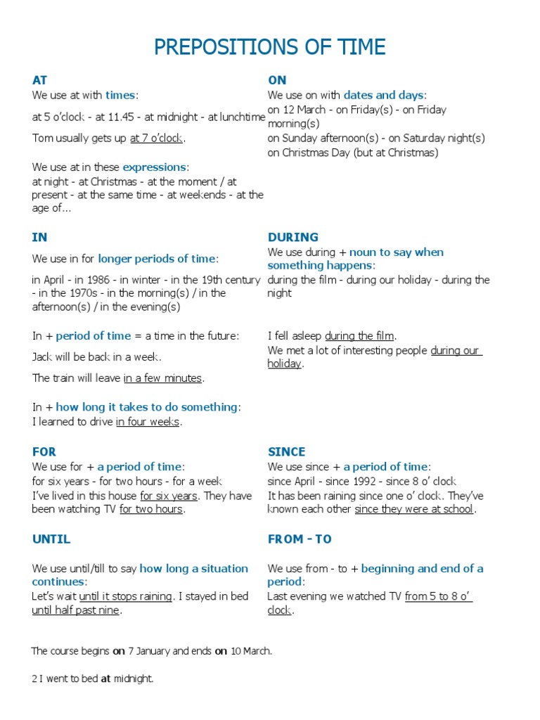 Understanding Time Prepositions in English | PDF | Language Arts ...