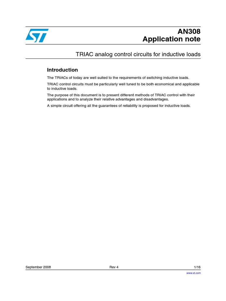 TRIAC Analog Control Circuits For Inductive Loads - ST Micro AN308 | PDF