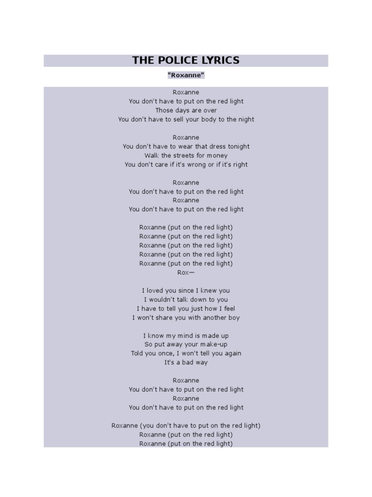 The Police Lyrics: "Roxanne" | PDF