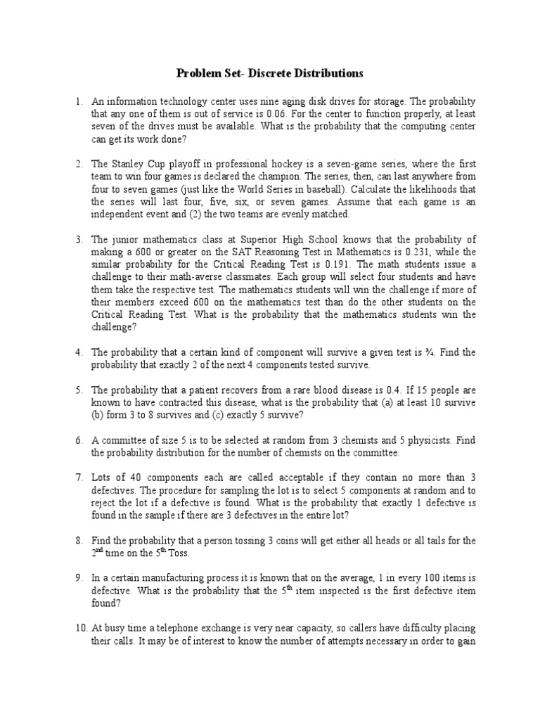 Problem Set Discrete Distributions | PDF | Probability | Probability ...