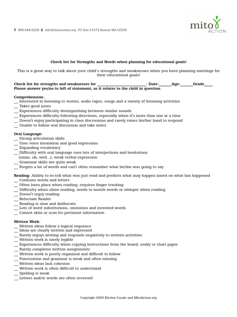 Check List For Strengths and Needs When Planning For Educational Goals ...